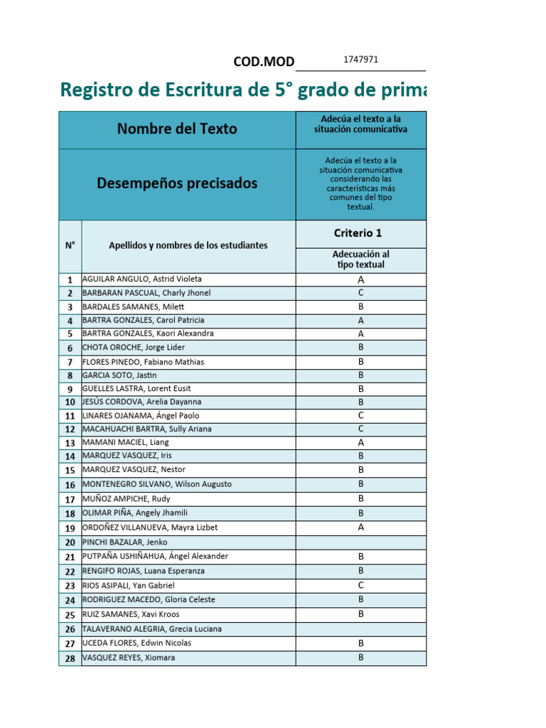 2024. Registro de Escritura 5° Primaria | PDF