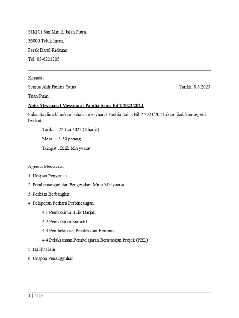 Minit Mesyuarat Sains Bil 2 2023 - 2024 | PDF