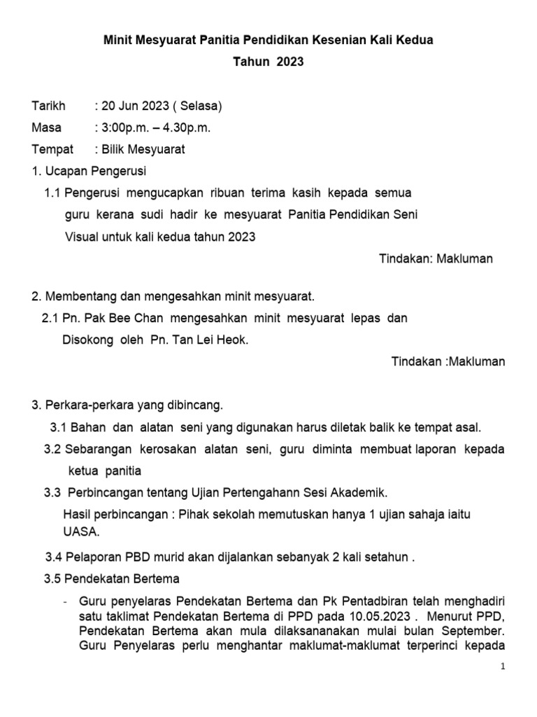Minit Mesyuarat PSV Kali-2 2023 | PDF