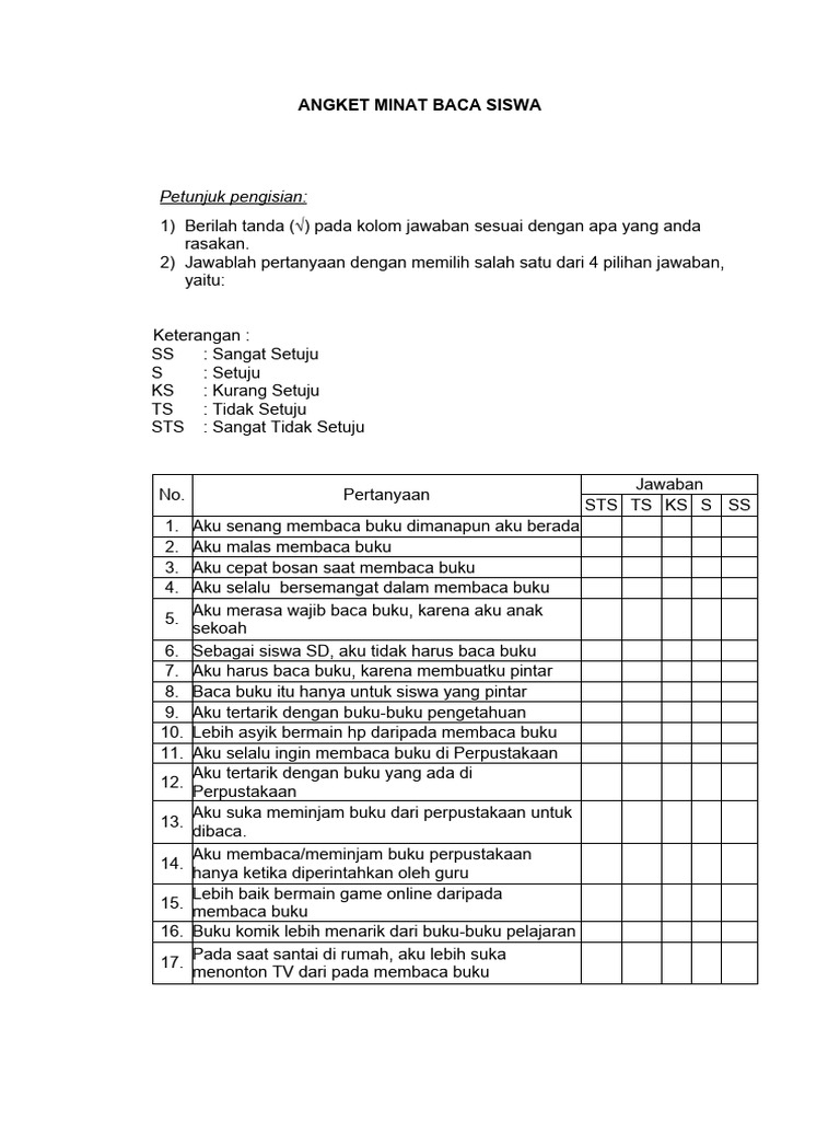 Angket Minat Baca Siswa (Print) | PDF