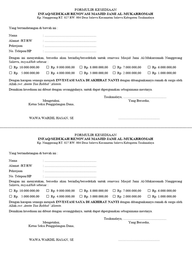Format Kesediaan Infaq Pembangunan Masjid | PDF