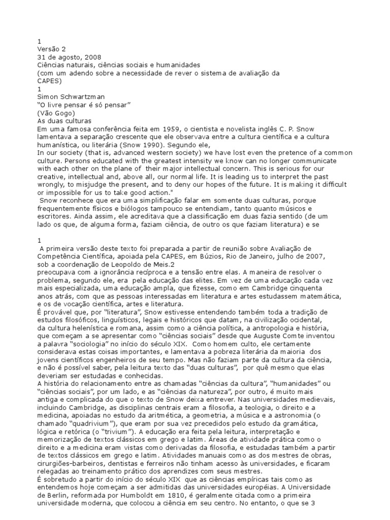 Ciências Naturais, Ciências Sociais e Humanidades - Simon Schwartzman | PDF | Filosofia