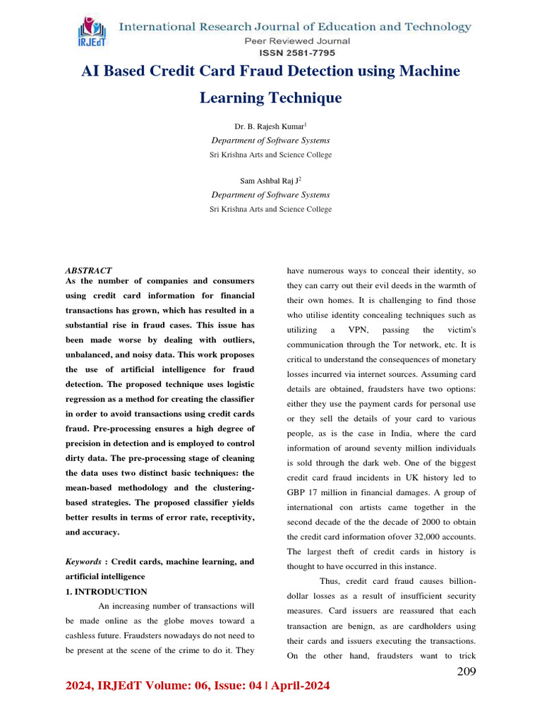 AI Based Credit Card Fraud Detection Using Machine Learning Technique | Download Free PDF ...
