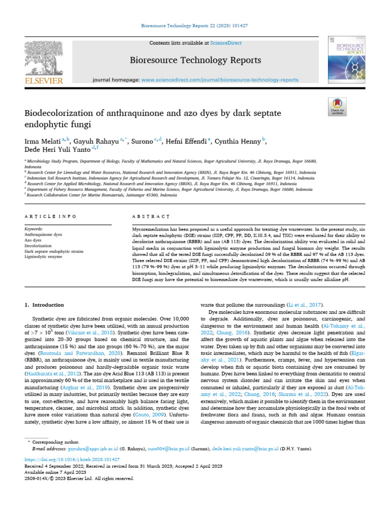 2023 - Bioresource Technology Reports | PDF | Adsorption | Ion