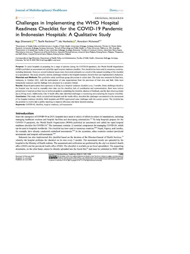 WHO Hospital Readines Checlist | PDF