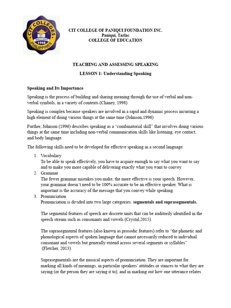 Teaching and Assessing Speaking 1 | PDF | Rubric (Academic) | Speech