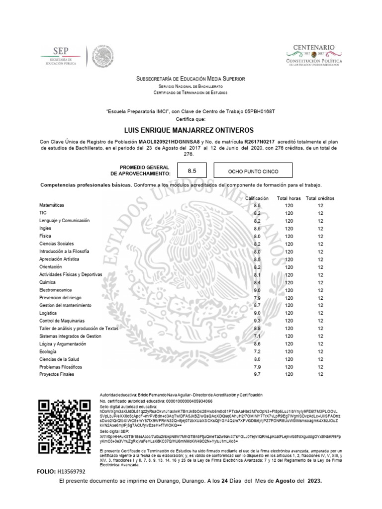 Certificado de Bachillerato Luis Manjarrez | PDF