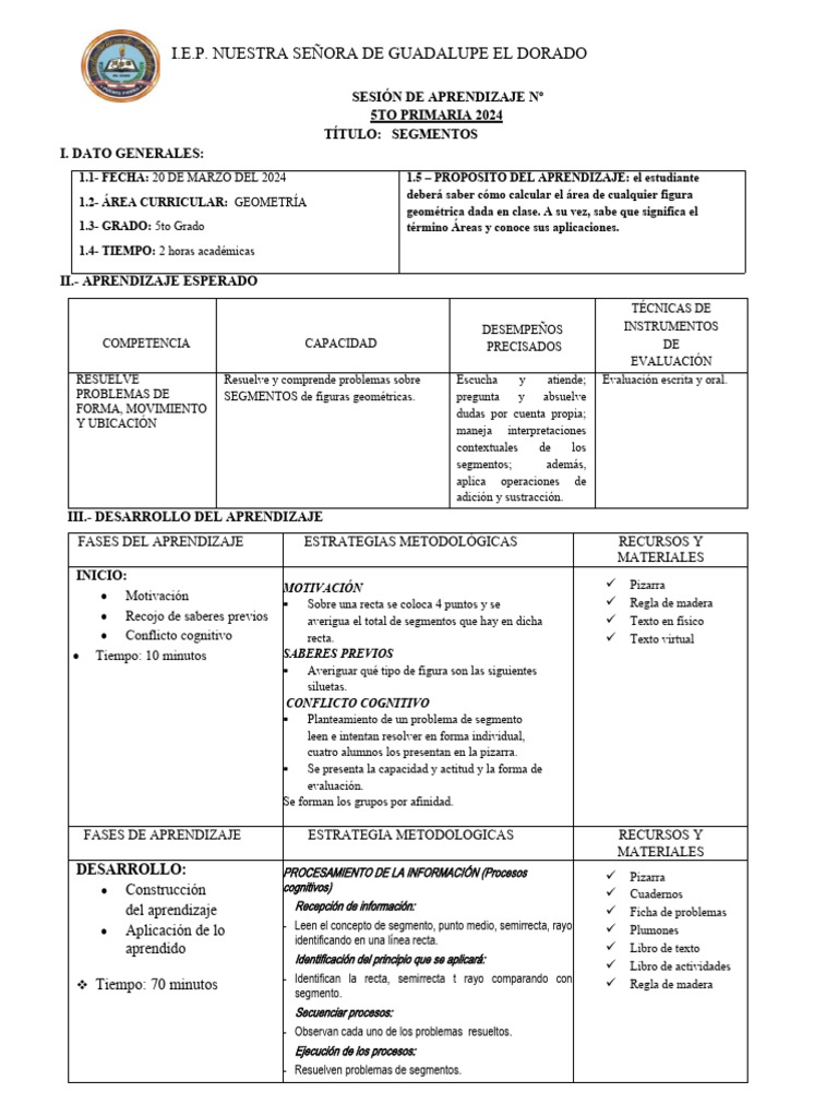 Geometría: Segmentos en 5to Primaria | PDF | Evaluación | Aprendizaje