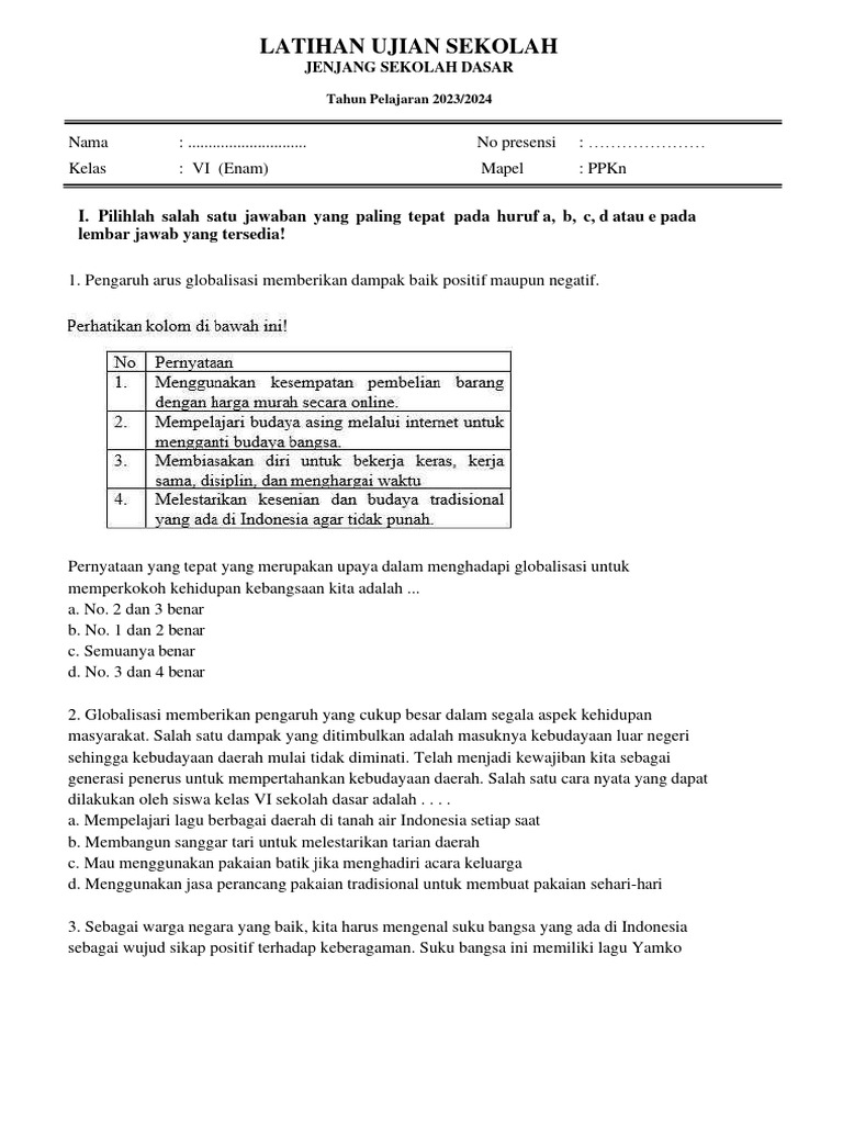 Soal Latihan PPKN Kelas 6A SIKK | PDF