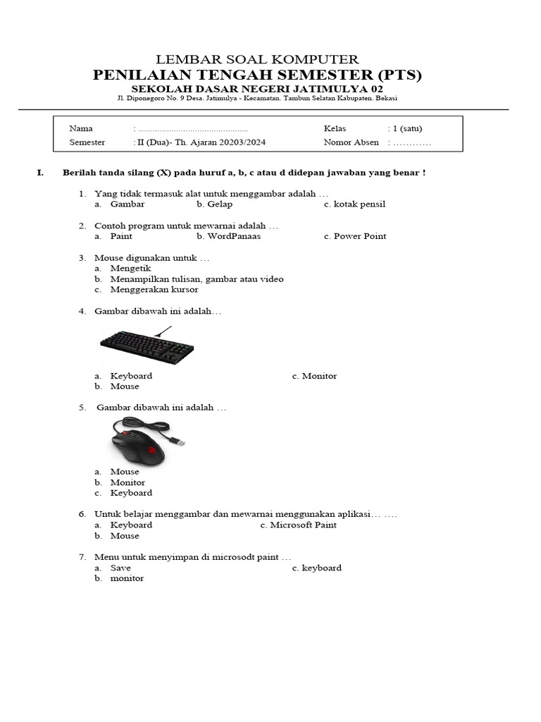 Soal Pas Ii Komputer Kelas 1 - 6 SDN Jatimulya 02 | PDF | Game & Aktivitas | Metode & Bahan Ajar