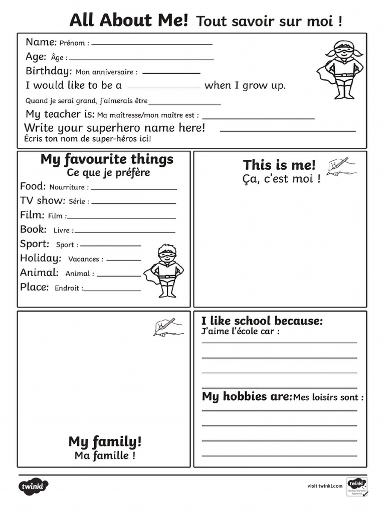 Fr T T 8487 All About Me Worksheet French English | PDF