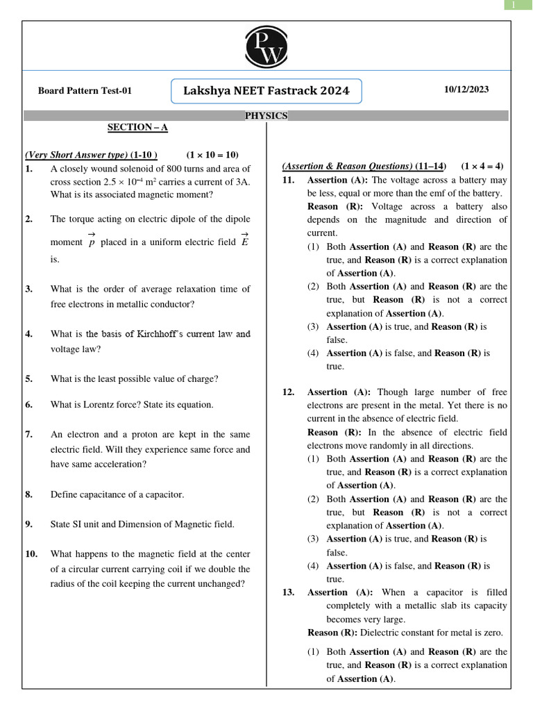 Board Pattern - 01 - Physics Test Paper - Lakshya NEET Fastrack 2024 ...