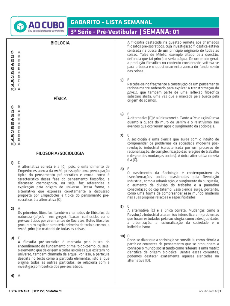 Gabarito.lista Semanal 01 | PDF | Sociologia | Science