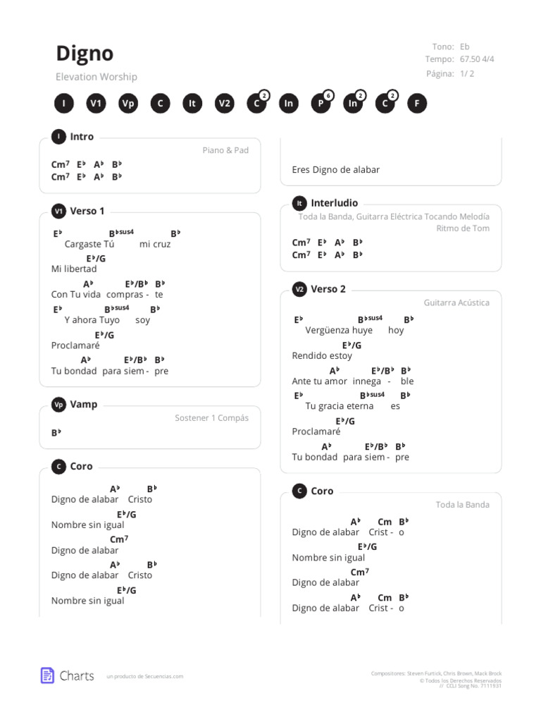 ACORDES Y LETRA (Eb Original) - Digno - Elevation Worship | PDF | Musicología | Formas musicales
