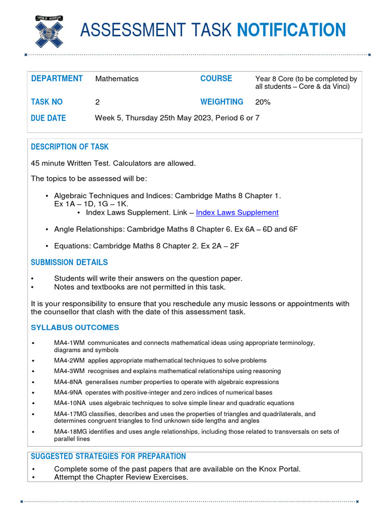 2023 Y8 Core AT2 Notification | PDF | Equations | Mathematics