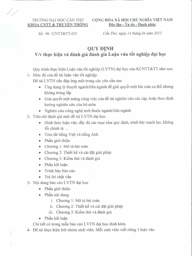 CVDi-096 - Quy Dinh Thuc Hien Va Danh Gia LVTN Dai Hoc | PDF