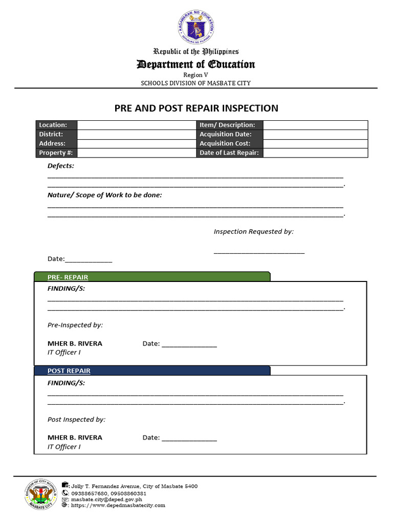 Pre and Post Repair Inspection Report | PDF | Career & Growth | Finance ...