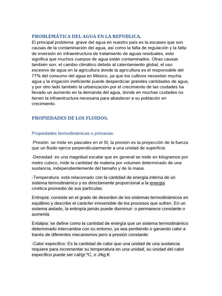 Problemã - Tica Del Agua en La Republica, Propiedades de Los Fluidos ...