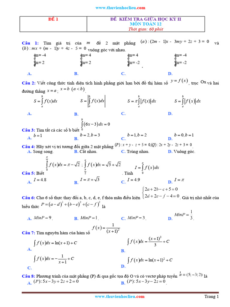Bo de KT Giua HK2 Toan 12 | PDF