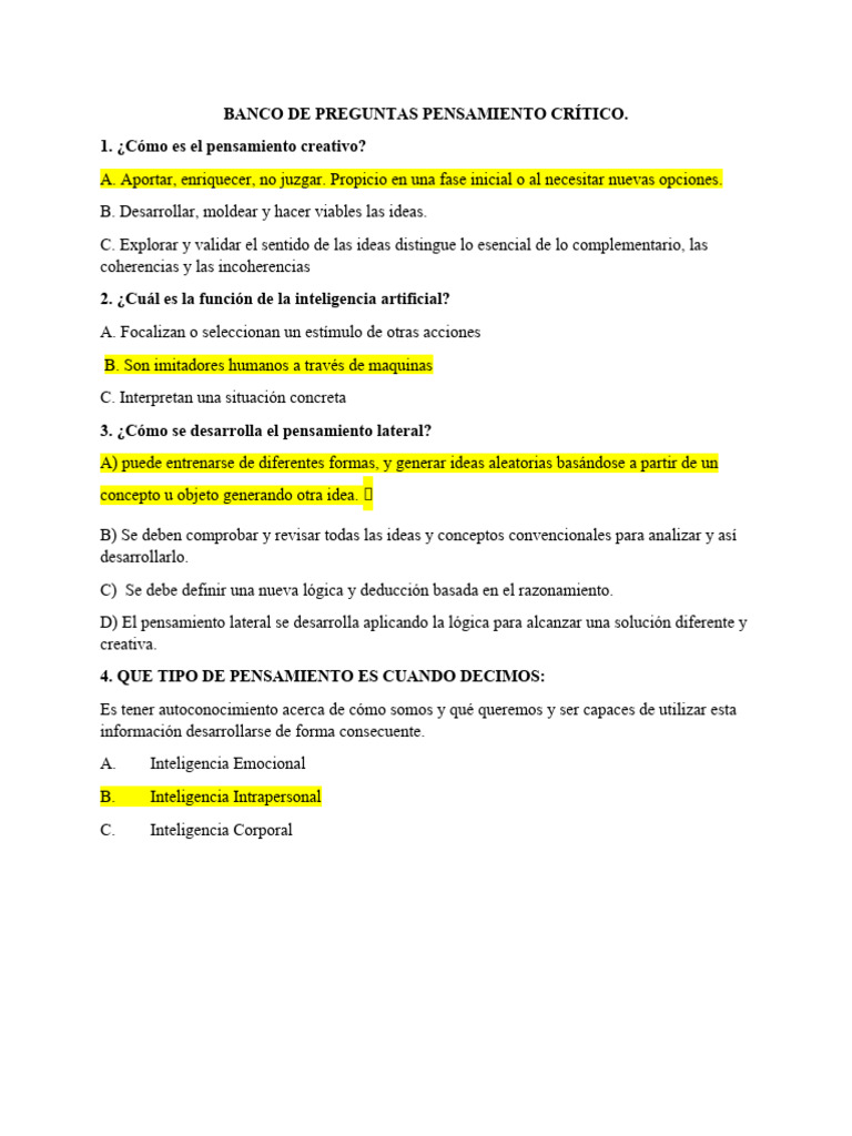 Banco de Preguntas Pensamiento Critico. | PDF | Pensamiento | Creatividad