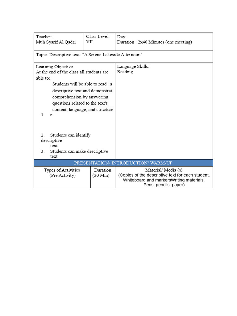 Lesson Plan - Reading | PDF | Reading Comprehension | Cognition