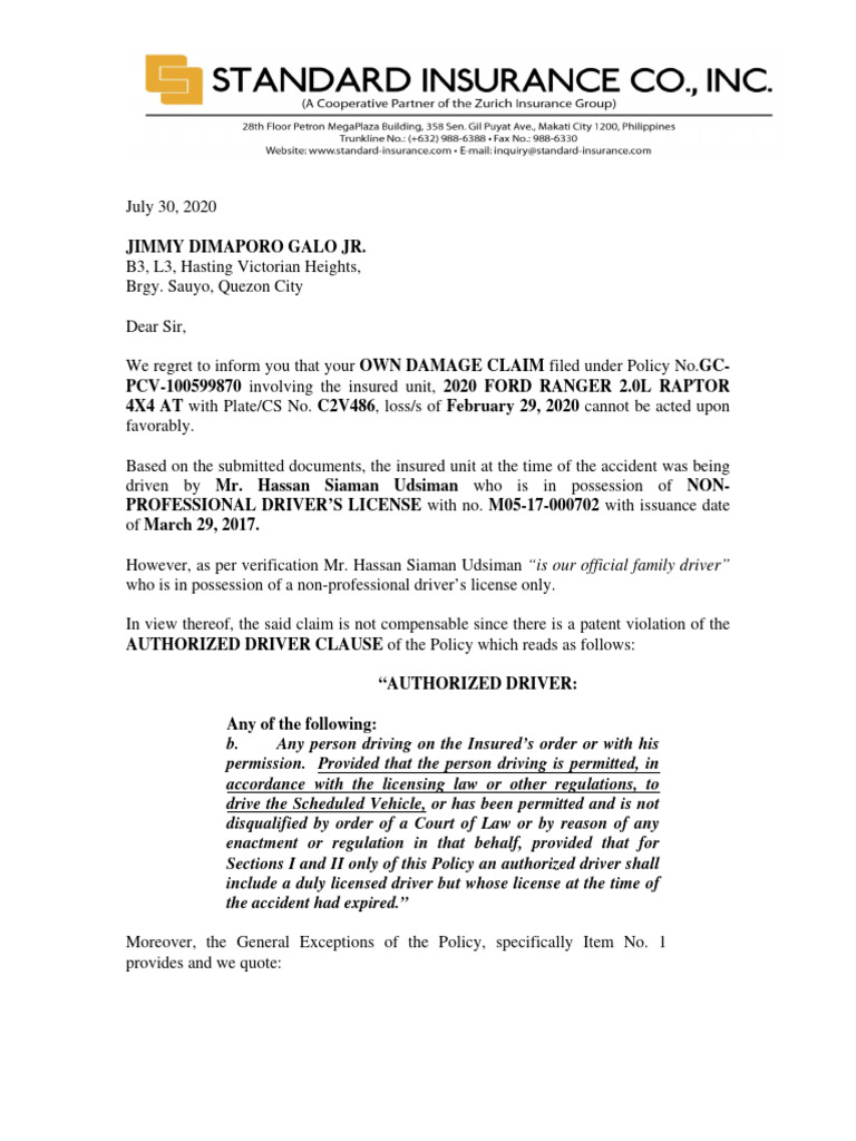 Denial Letter Authorized Drivers Clause | Download Free PDF | License ...