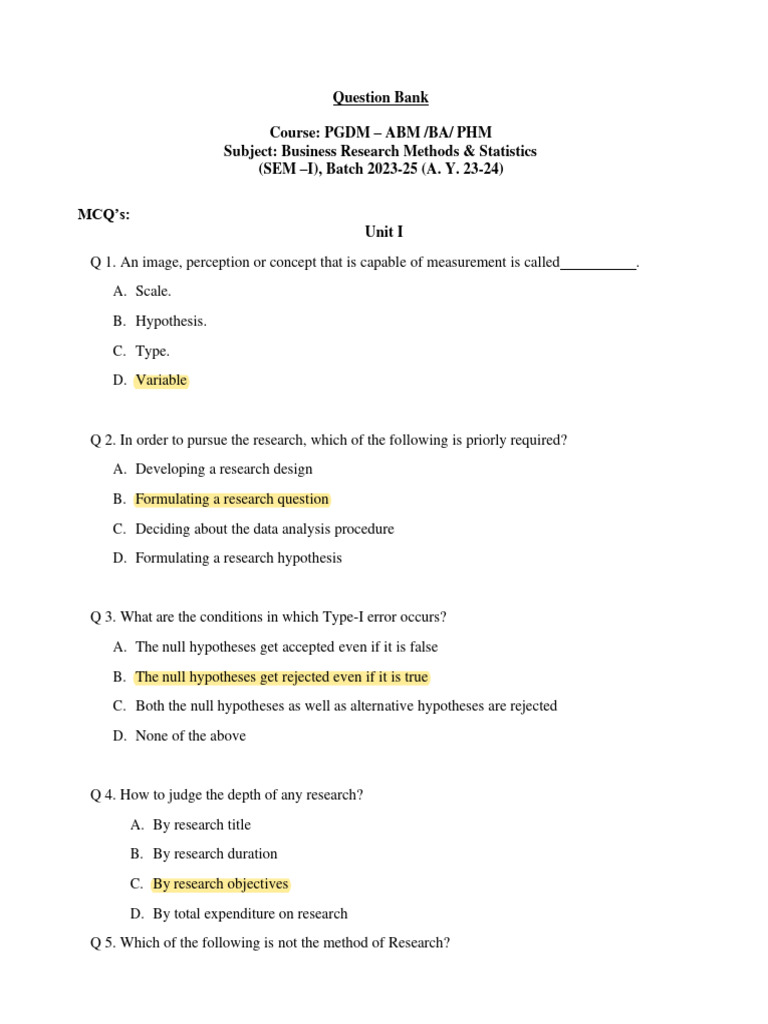 BRMS - DR - Dhanashree Havale MCQ | PDF | Sampling (Statistics) | Hypothesis