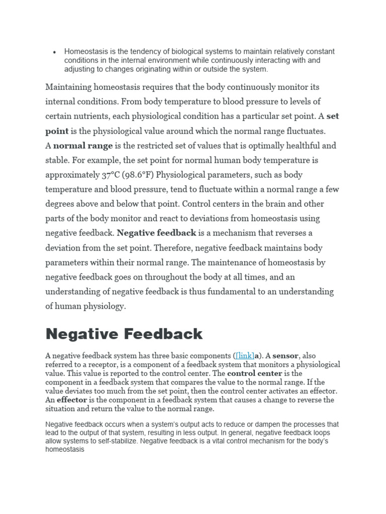 Negative Feedback: Point Is The Physiological Value Around Which The ...