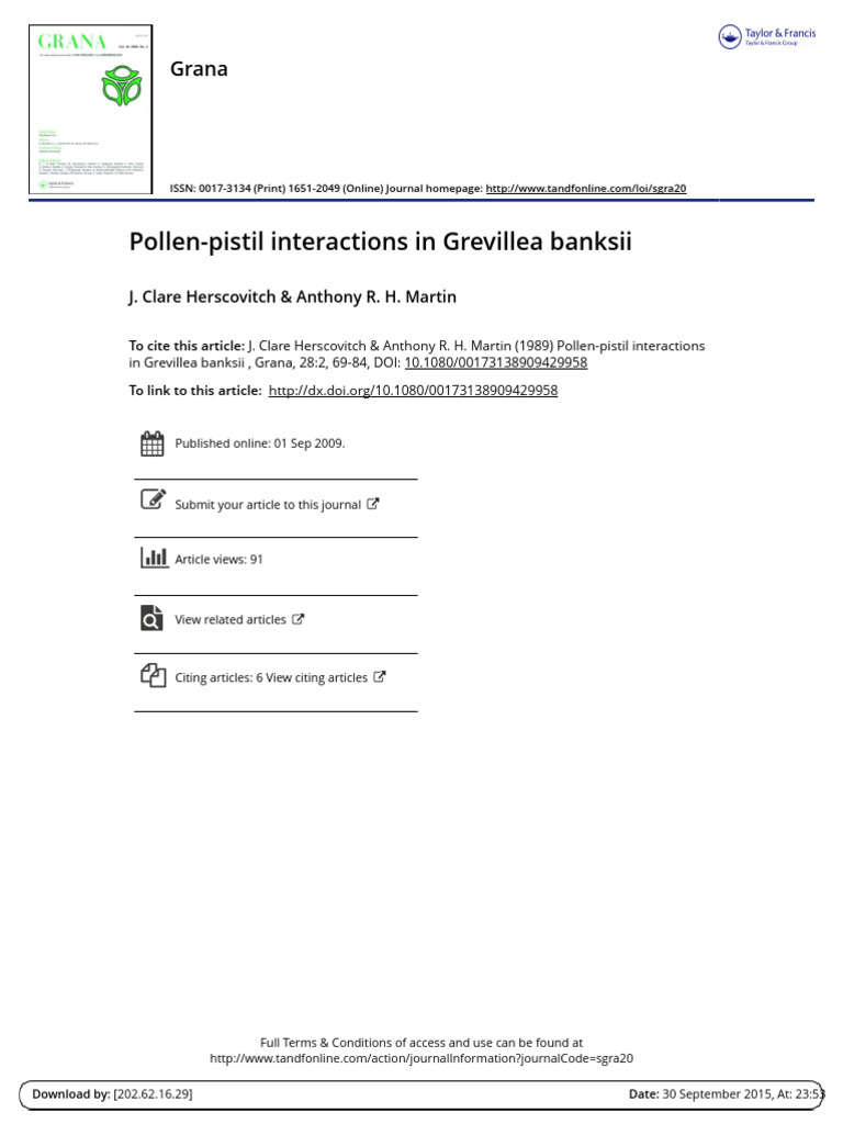 Pollen Pistil Interactions in Grevillea Banksii | PDF | Flowers | Pollen