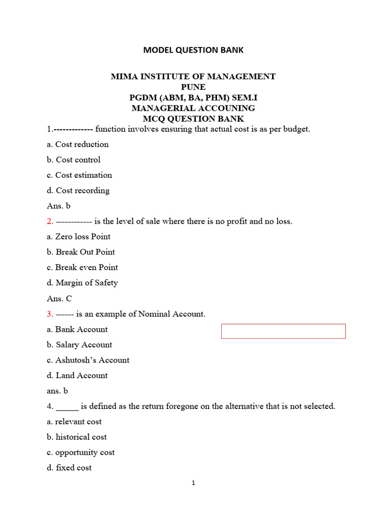 MODEL QUESTION BANK - MCQ BANK Managerial Acc | PDF | Expense | Balance ...