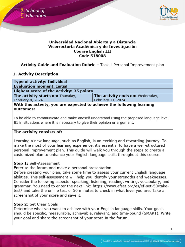 Activity Guide and Evaluation Rubric - Task 1 - Personal Improvement plan | PDF | Human ...