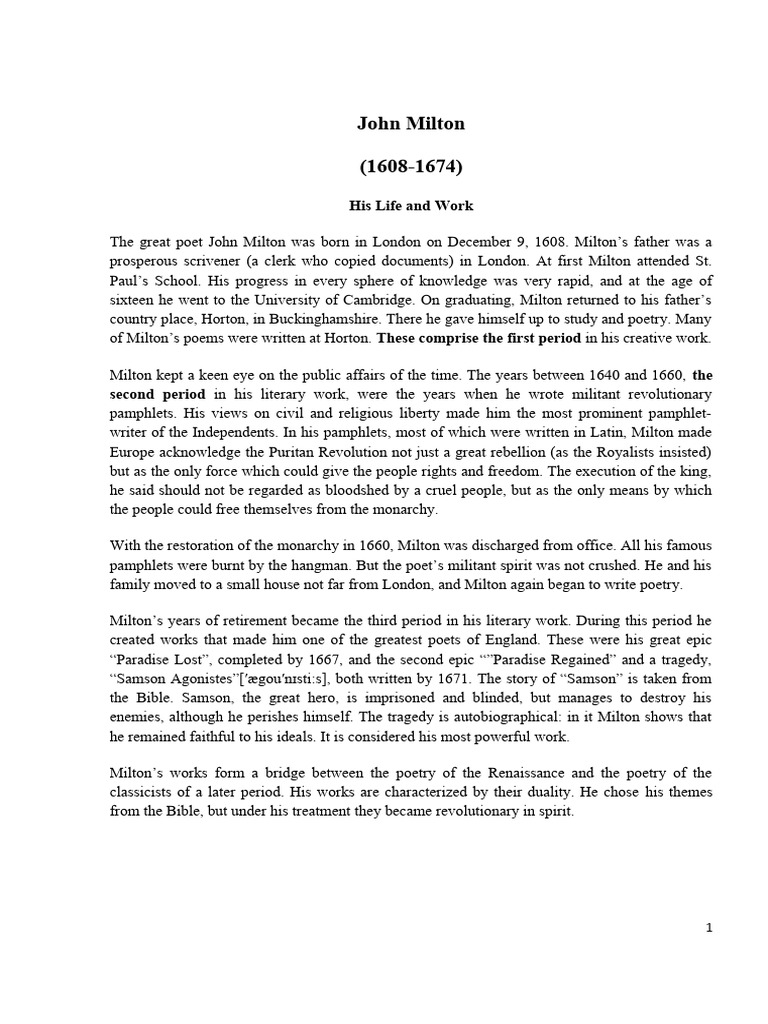 John Milton (1608-1674) : His Life and Work | PDF | Paradise Lost ...