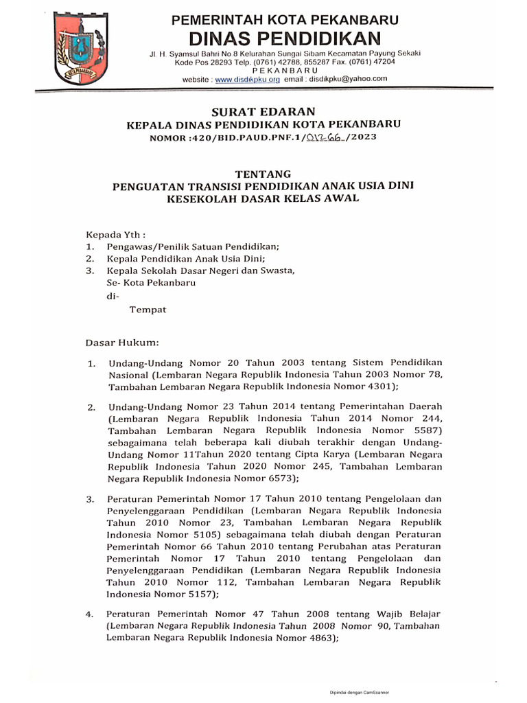 Surat Edaran Kepala Dinas Pendidikan Kota Pekanbaru | PDF