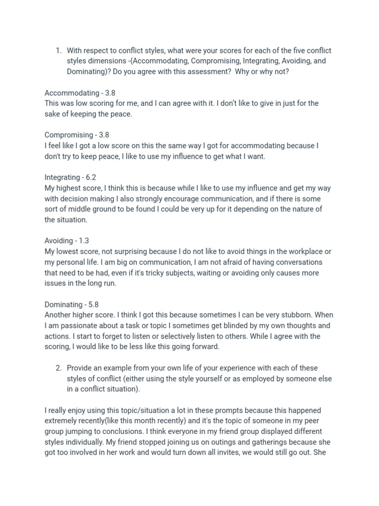 Ogl 220 - Module 5 Conflict Styles and Leadership Styles Self-Assessments Worksheet | PDF ...