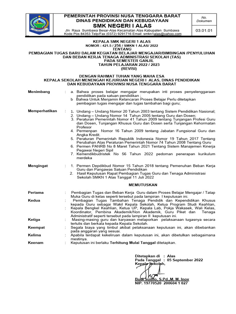 SK. Pemb. Tugas Semester Ganjil 2022-2023-5 September 2022 | PDF