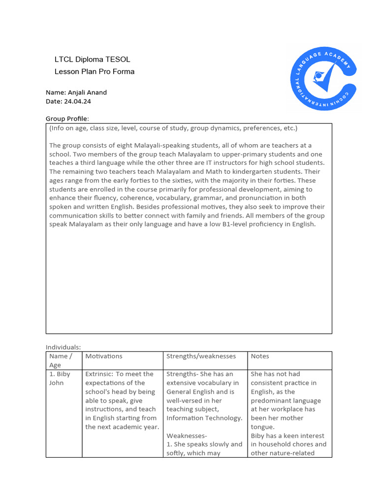 LTCL Diploma TESOL Lesson Plan Form | PDF | English Language | Learning