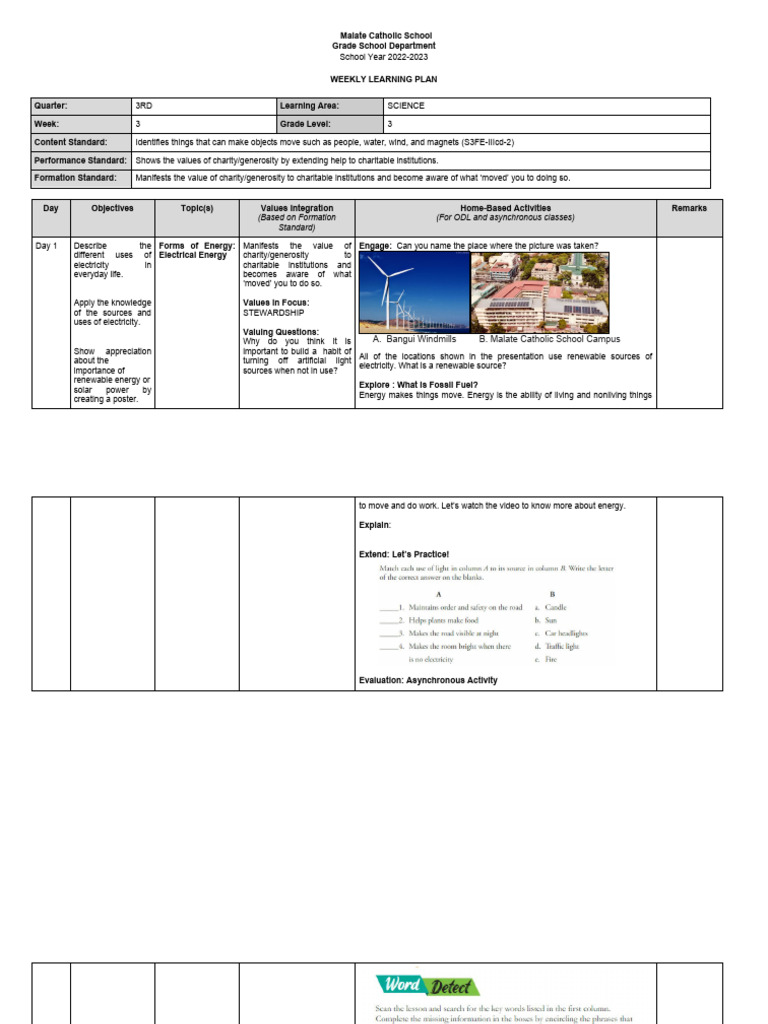 Science 3 Week Plan q3 w4 | PDF | Renewable Energy | Learning