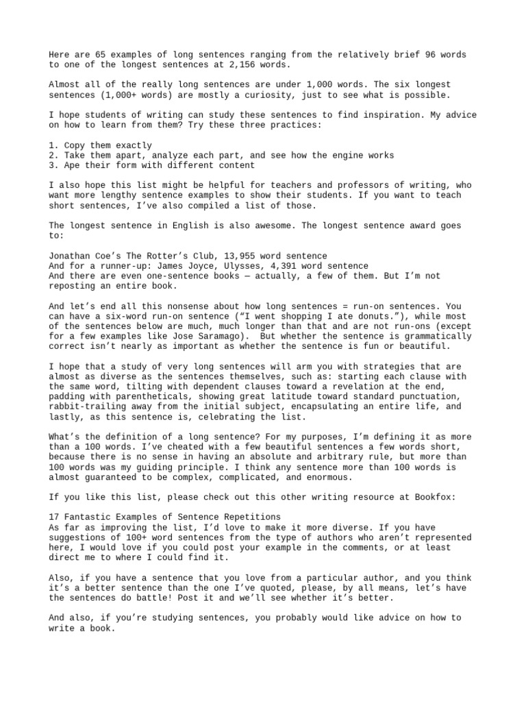 Here are 65 examples of long senten | PDF | Sentence (Linguistics ...