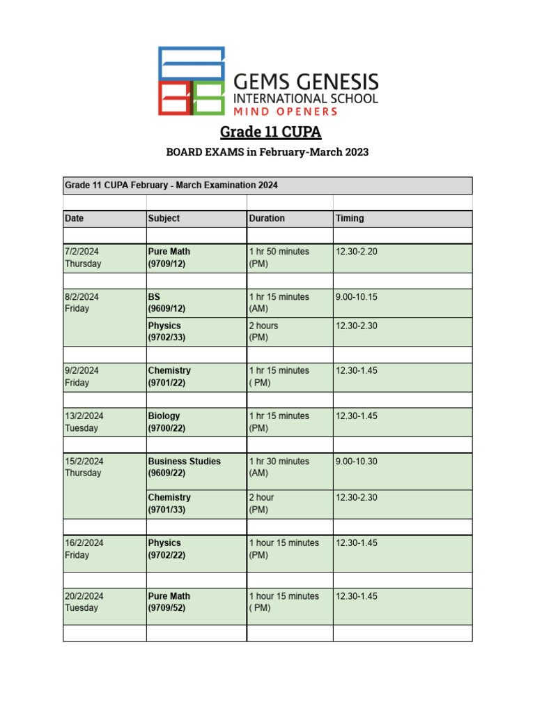 Grade 11 CUPA Exam Schedule 2024 | PDF | Social Science | Science ...