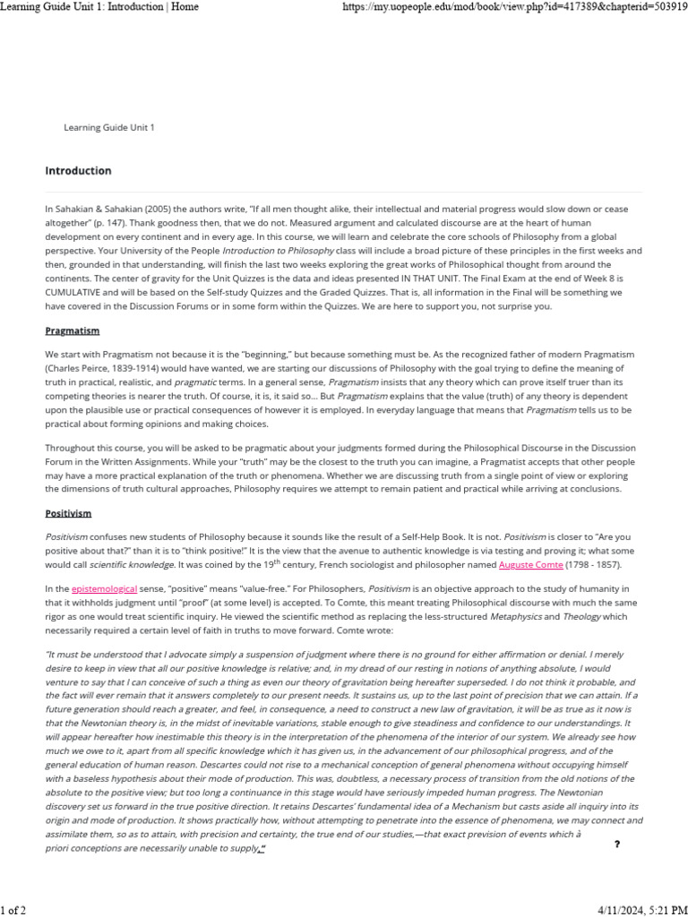 Learning Guide Unit 1 Introduction Home | PDF | Pragmatism | Truth