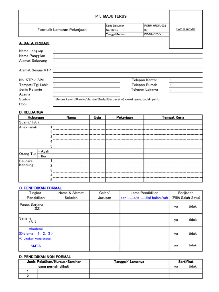 FORM-HRGA-003 Formulir Lamaran Pekerjaan | PDF