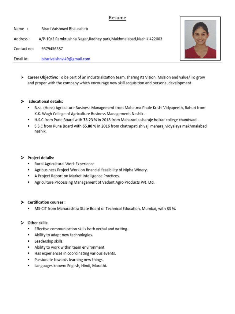 Vaishnavi birari resume | PDF | Cognition