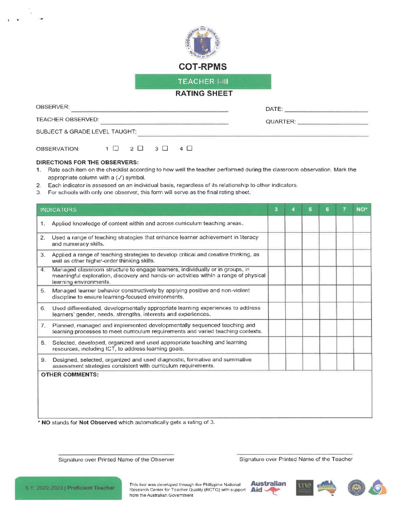 COT RATING SHEET | PDF