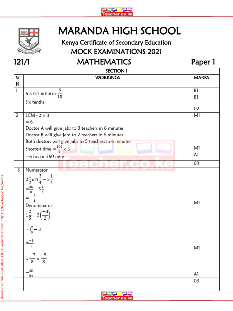 2022 Maranda Mock 121 MATHEMATICS P1 MS Teacher - Co - .Ke | PDF