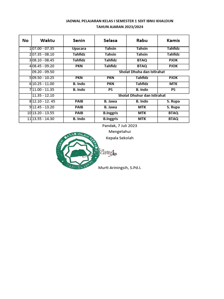 Jadwal Kelas 1 | PDF