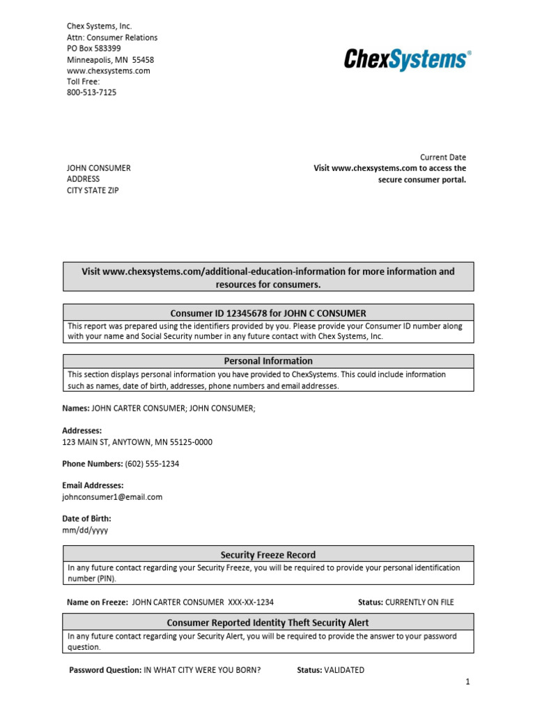 ChexSystems Sample Disclosure Report | PDF | Credit Bureau | Credit Score