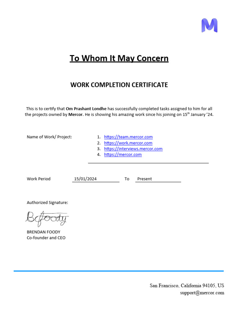 Mercor Work Completion Certificate | PDF | Career & Growth | Business