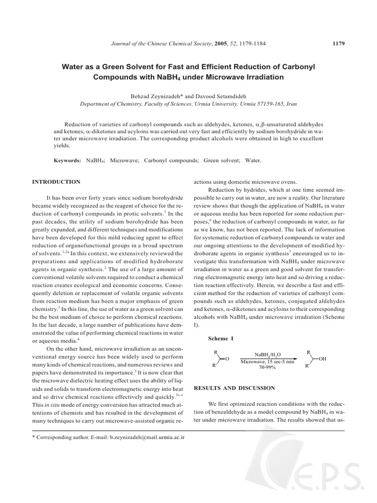 Water as a Green Solvent for Reductions | PDF | Chemistry | Organic ...