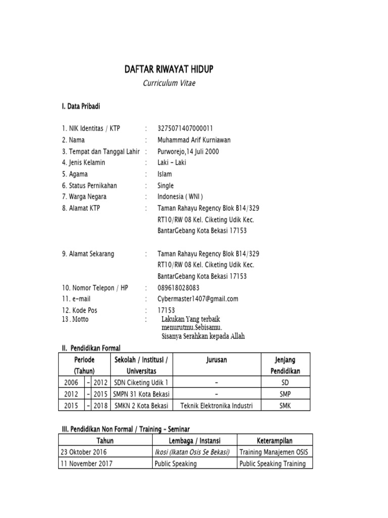 CV Muhammad Arif Kurniawan | PDF