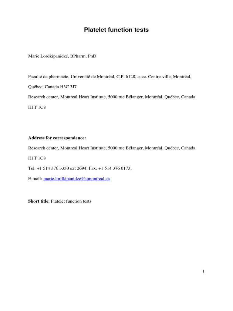 STH Platelet Function Tests POSTPRINT | PDF | Platelet | Bleeding